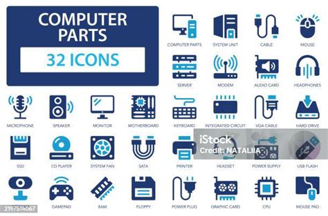 컴퓨터 부품 플랫 아이콘 모음입니다 시스템 유닛 모니터 케이블 마우스 서버 Cpu 헤드폰 Ssd 웹캠 Usb 플로피 프린터 게임패드 사인 세트 0명에 대한 스톡 벡터 아트