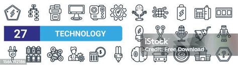 전기 분석 프로세스 파일 저장 글로브 연결 회로 인쇄 회로 연결 배터리 잔량 바이너리 마인드 벡터 아이콘 요청과 같은 27 개의 얇은 선 기술 아이콘 세트 검은 눈에 대한