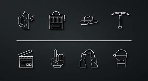 선인장 영화 클래퍼 곡괭이 그랜드 캐년 1 번 팬 핸드 글러브 슬롯 머신 바베큐 그릴 및 서양 카우보이 모자 아이콘을 설정하십시오 벡터 검은색에 대한 스톡 벡터 아트 및