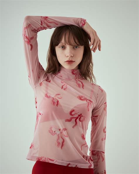 Pink Base Ribbon See Through Tops High Neck Poppy