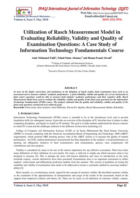 Pdf Utilization Of Rasch Measurement Model In Evaluating Reliability Validity And Quality Of