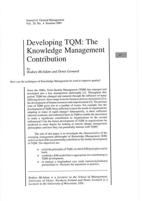 Pdf Developing Tqm The Knowledge Management Contribution