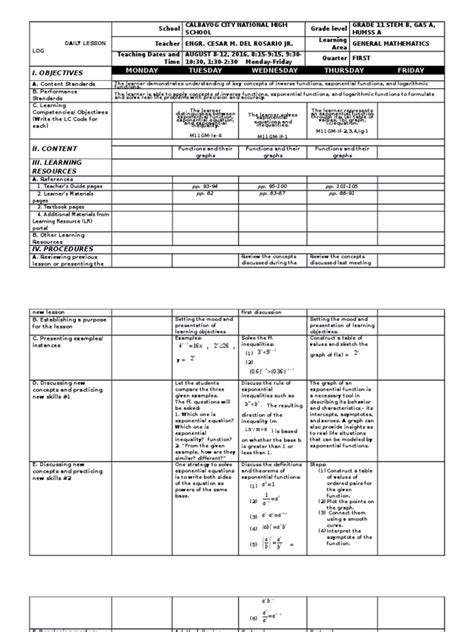 General Mathematics Daily Lesson Log Pdf Logarithm Exponential