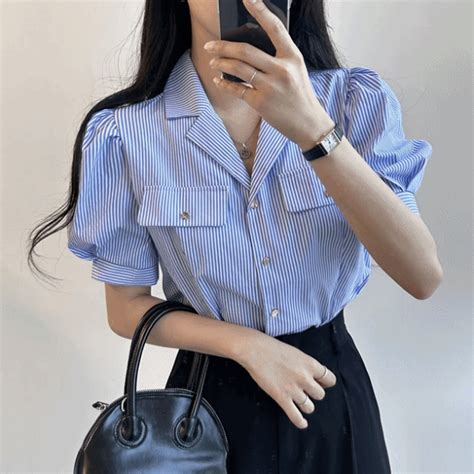 [고퀄 핏보장 ] 커버 스트라이프 퍼프 금장 반팔 블라우스 [3color] 에이블리