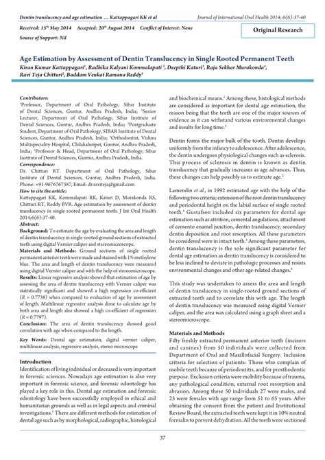 Pdf Age Estimation By Assessment Of Dentin Translucency In Single Rooted Permanent Teeth