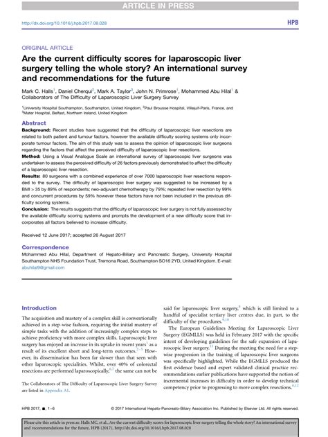 Pdf Are The Current Difficulty Scores For Laparoscopic Liver Surgery Telling The Whole Story