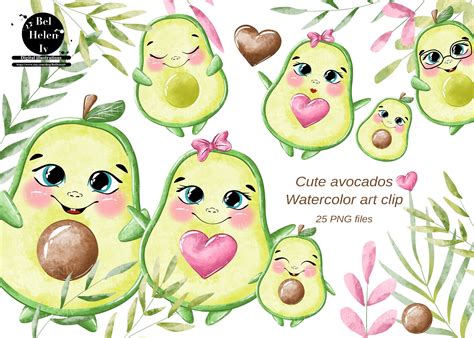 Cute Avocado Clipart Avocado Set Avocado Watercolor Clip Art