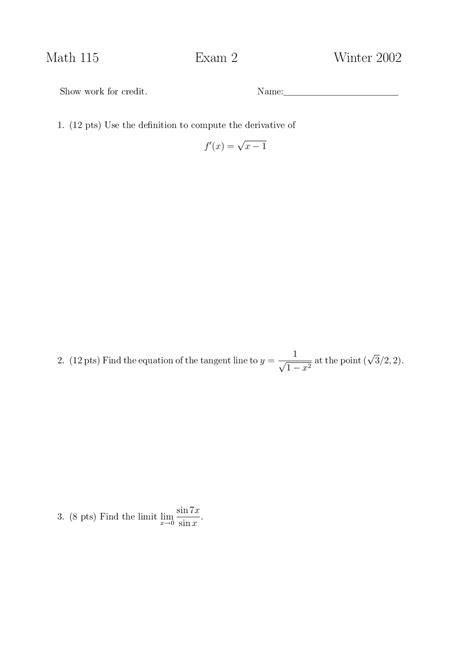 7 Questions On Calculus I Examination 2 Math 115 Docsity