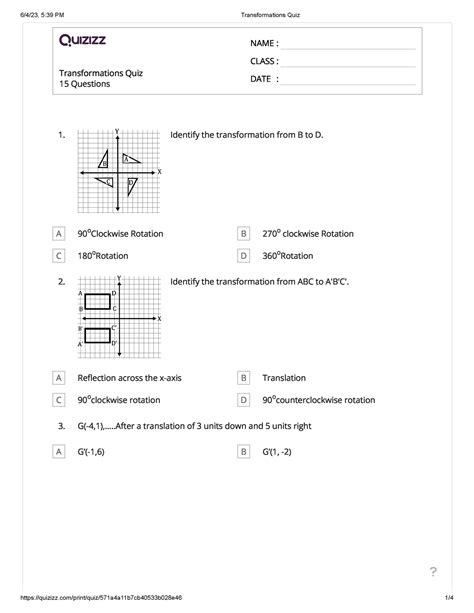 Transformations Quiz Transformations Questions Quiz NAME CLASS DATE Identify The