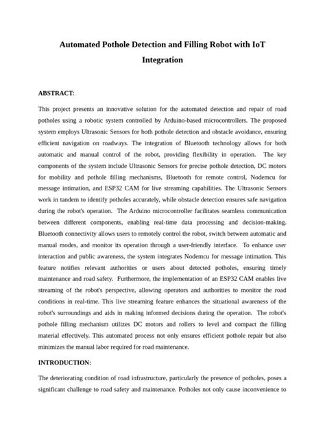 Automatic Pothole Detection And Filling Robot Pdf Robotics Robot