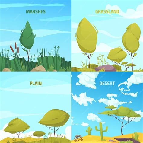 Free Vector Ecosystem Types Cartoon Set With Marshes And Grassland System Compositions
