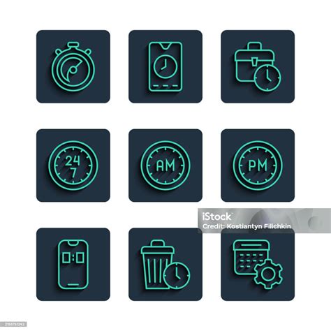 라인 알람 시계 앱 모바일 시간 낭비 캘린더 설정 작업 아침 시계 24 시간 스톱워치 및 요일 아이콘을 설정합니다 벡터 24에 대한 스톡 벡터 아트 및 기타 이미지 Istock