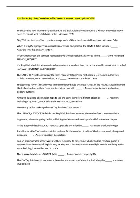 A Guide To Sql Test Questions With Correct Answers Latest Update 2025