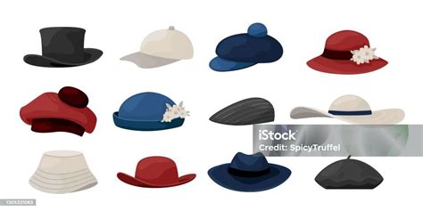 만화 모자 빈티지 남성과 여성 머리 착용 클래식 신사 와 신사 헤드 기어의 패션 모자 컬렉션 여름과 가을 액세서리 벡터 고립 된 모자 모자 및 파나마 세트 0명에 대한 스톡