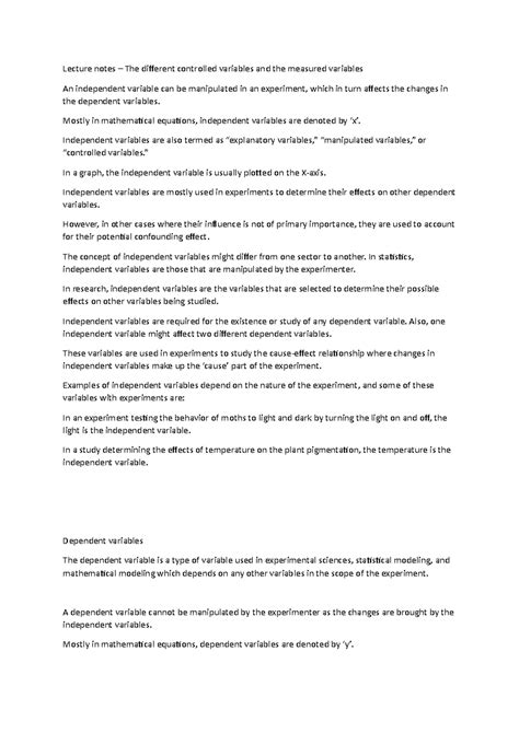 Lecture Notes The Different Controlled Variables And The Measured