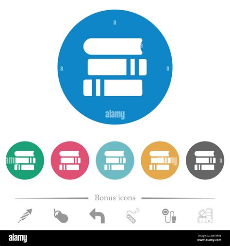 Stack Of Books Solid Flat White Icons On Round Color Backgrounds 6 Bonus Icons Included Stock