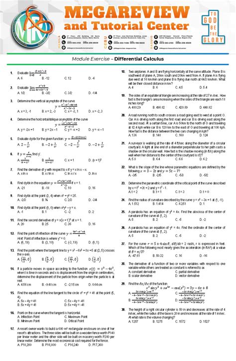 Differential Calculus Module Exercise Key Limits And Derivatives
