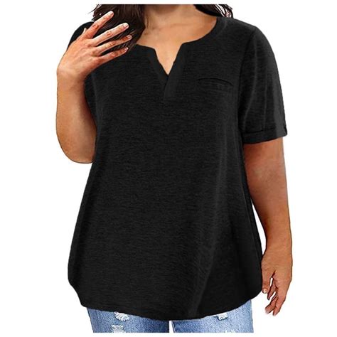 Joau Plus Size Tops For Women Summer Casual Solid Color Short Sleeve V