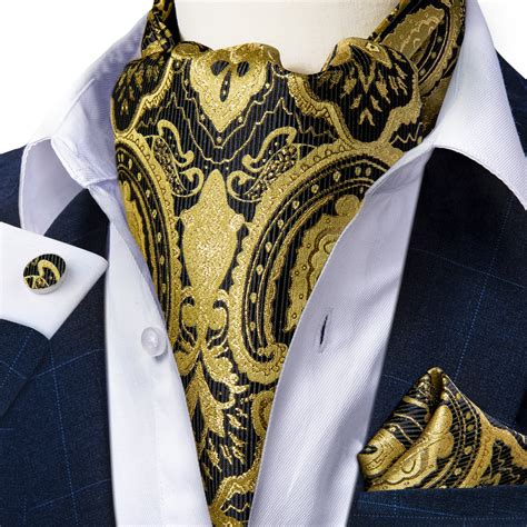 New Golden Black Floral Silk Cravat Woven Ascot Tie Pocket Square Hand