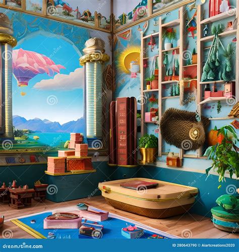 A Surreal Dreamscape With Floating Objects Whimsical Characters And