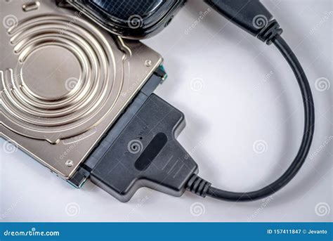 Hdd Internal Hard Drive Disk Connected To Laptop Via Sata Usb Cable Closeup View Stock Image