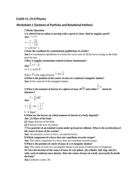 Class 11 Ch 6 Worksheet 1 Pdf