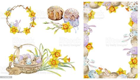 수채화 손으로 그린 부활절 축하 클립 아트 프레임 세트 계란 토끼 꽃 파스텔이있는 구성 흰색 배경에 격리 초대장 선물 인사말 카드 인쇄 섬유 수선화속에 대한 스톡 벡터 아트