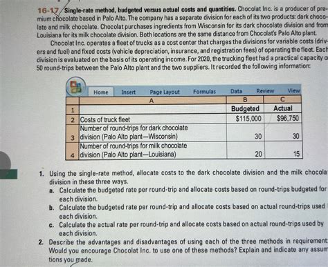 Solved 16 17single Rate Method Budgeted Versus Actual