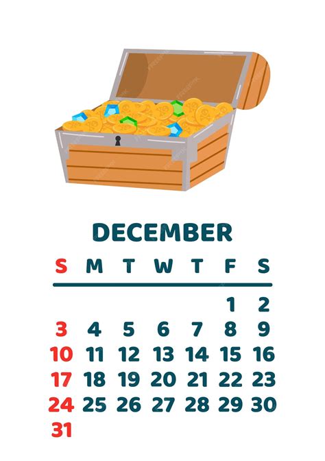 Страница календаря на декабрь 2023 года векторная карикатура с милым сундуком с сокровищами