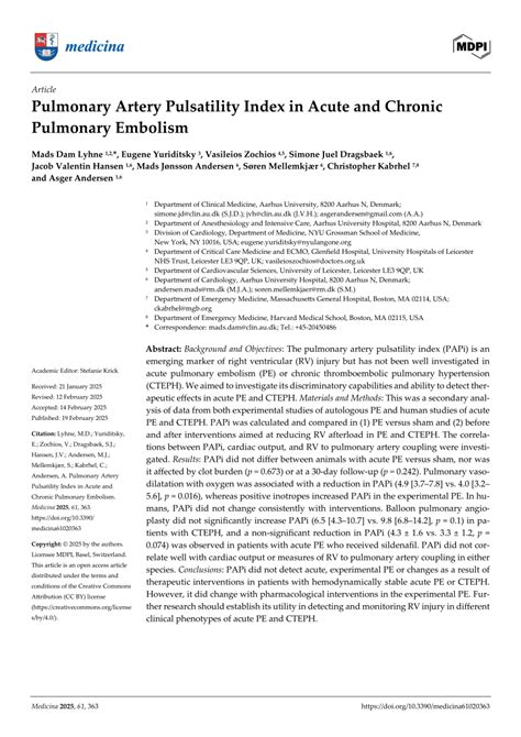 Pdf Pulmonary Artery Pulsatility Index In Acute And Chronic Pulmonary Embolism