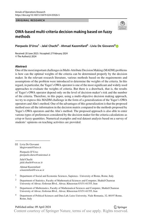 Pdf Owa Based Multi Criteria Decision Making Based On Fuzzy Methods