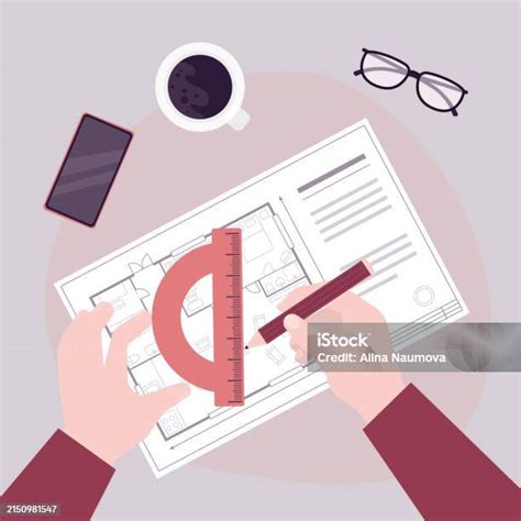 청사진 그리기를 위한 도구가 있는 테이블입니다 건축가는 새 건물에 대한 설계도를 그립니다 평면도 직장 건설 프로젝트 건축가 도구가 있는 주택 계획 설계도에 대한 스톡 벡터