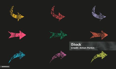 화살 그런 지 세트 오른쪽 포인터 더러움 거친 화살표 버튼 모음입니다 방향 색상 기호 잉크 질감 포함 내비게이션 마커 더티 방향 아이콘 고립된 벡터 삽화 가리키기에 대한