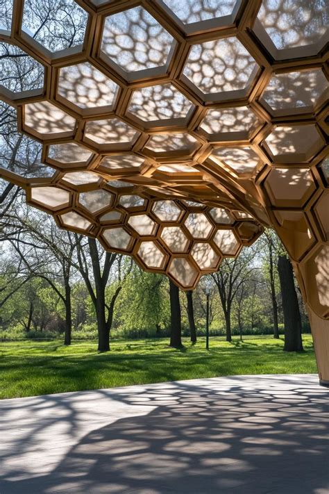 Wooden Hexagonal Pavilion Casting Shadows In A Park Pavilion Designs Are Transforming Garden