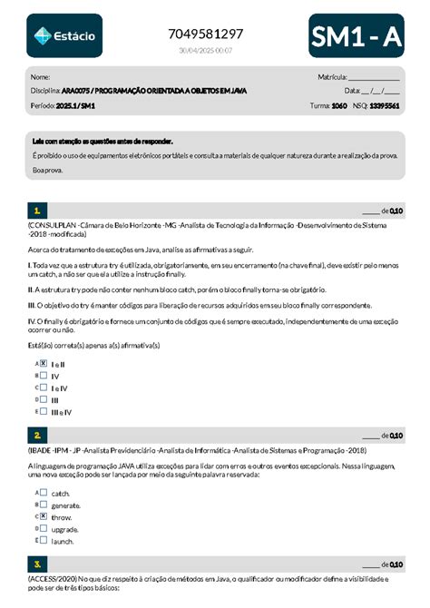 Ara0075 Prova Final De Programação Orientada A Objetos Em Java Turma