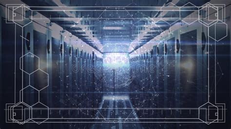 Animation Of Data Processing And Network Of Screens Over Computer Servers In Background Stock