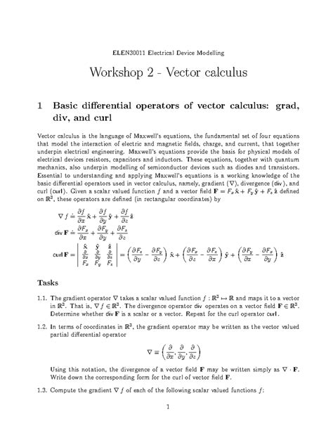 W Vector Calculus Lecture Notes ELEN Electrical Device Modelling Workshop Vector