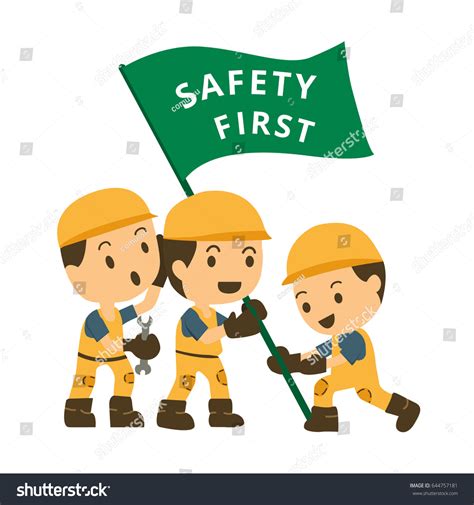 การก่อสร้างตัวละครทำงานถือธงความปลอดภัยที่หนึ่ง แนวคิดความปลอดภัยบนพื้นหลังสีขาว เวกเตอร์