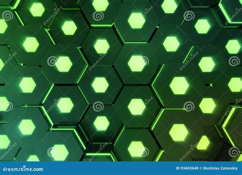 Abstract Green Of Futuristic Surface Hexagon Pattern With Light Rays 3d Rendering Stock