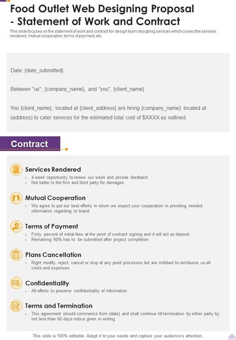 Food Outlet Web Designing Proposal Statement Of Work And Contract One Pager