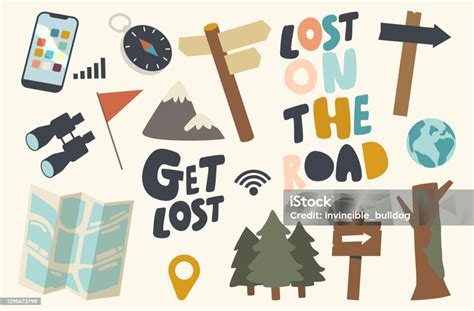 설정 아이콘은 숲이나 도로 테마에서 길을 잃게됩니다 포인터 나침반 및 쌍안경 나무 붉은 깃발 및 검색 방법을위한지도 지도에 대한 스톡 벡터 아트 및 기타 이미지 Istock