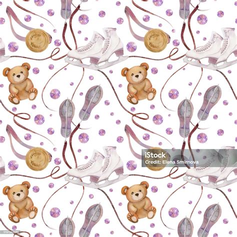 손으로 그린 수채화 피겨 스케이팅 부츠 겨울 스포츠 금메달 트로피 테디 베어 선물 그림은 이음새가 없는 패턴 흰색 배경을 분리했다 디자인 포스터 인쇄물 웹사이트 카드 초대장