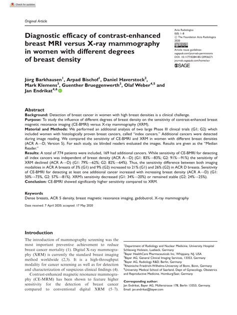 PDF Diagnostic Efficacy Of Contrast Enhanced Breast MRI Versus X Ray Mammography In Women With