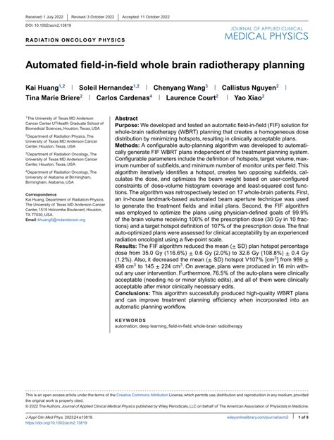 Pdf Automated Field‐in‐field Whole Brain Radiotherapy Planning