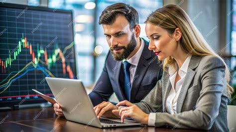 A Man And A Woman Are Looking At A Laptop Analyzing The Stock Market