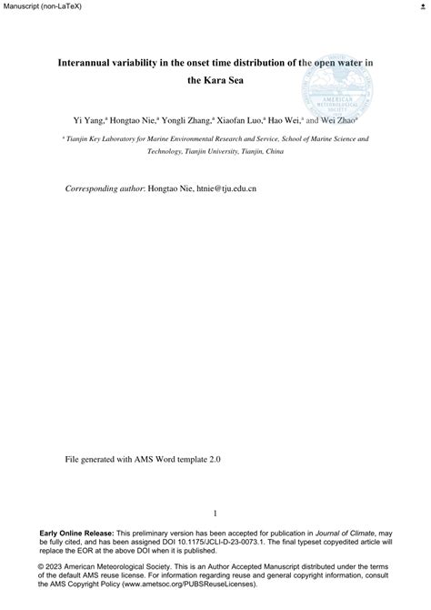 Pdf Interannual Variability In The Onset Time Distribution Of The Open Water In The Kara Sea