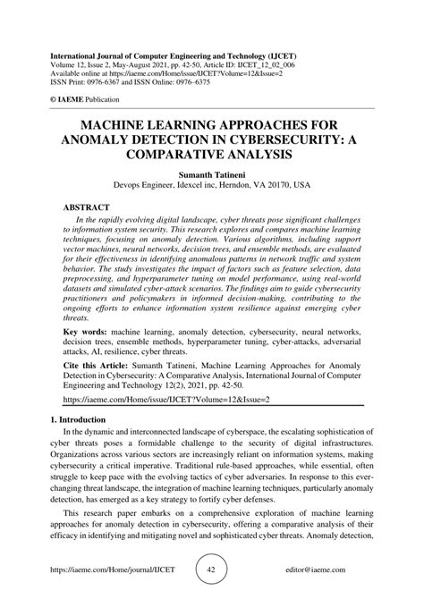 Pdf Machine Learning Approaches For Anomaly Detection In Cybersecurity A Comparative Analysis