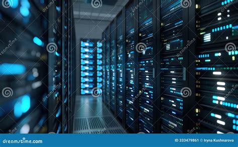 Dark Room Interior Features Row Of Modern Servers In Data Center Cyber Network Connection