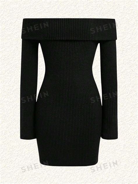 Shein Ezwear Black Off Shoulder Flounce Sleeve Bodycon Mini Dress