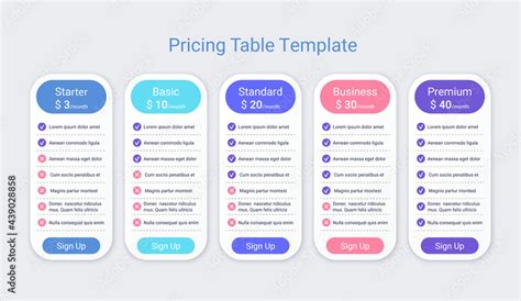 Price Table Template Comparison Data Plans Vector Pricing Chart Grid Spreadsheet Page With 5